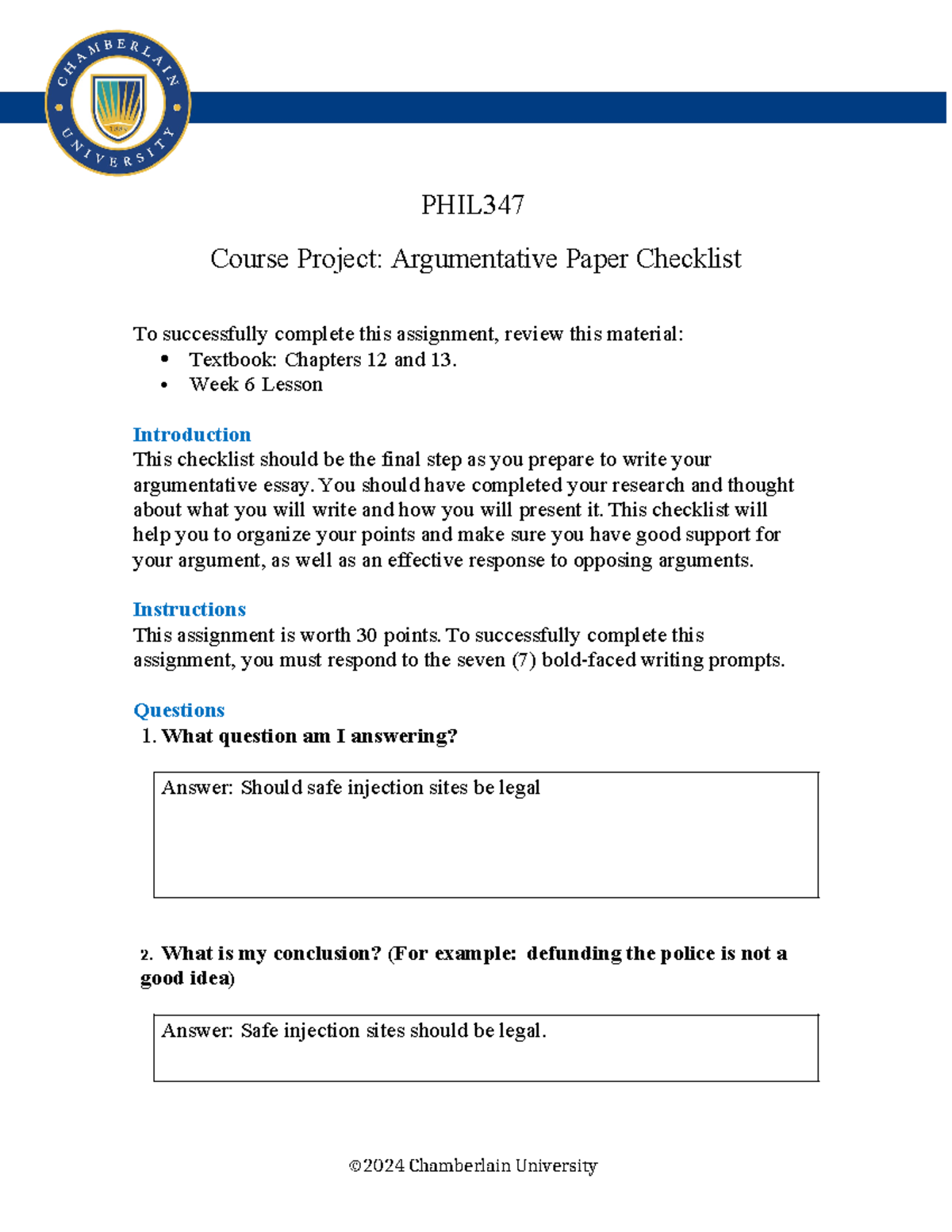 PHIL 101: Argumentative Paper Checklist for Course Project - Studocu