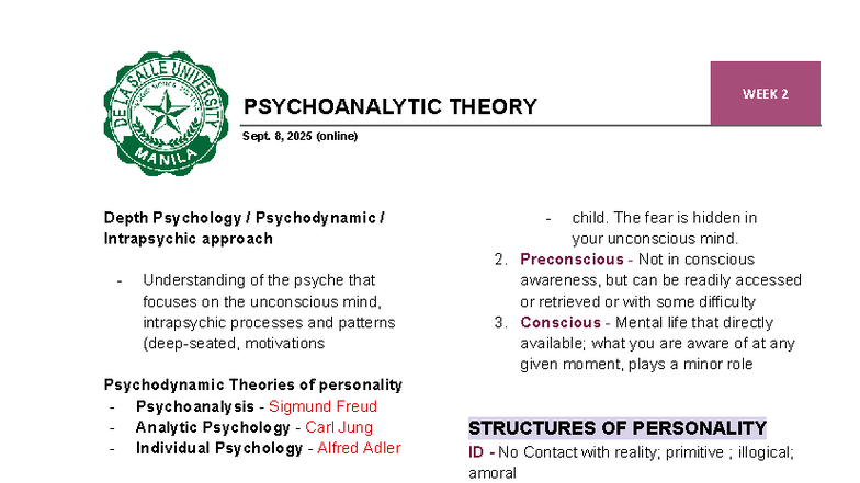 WEEK 2 PSYCHOANALYTIC THEORY (PSY 101) - Key Concepts & Theories - Studocu