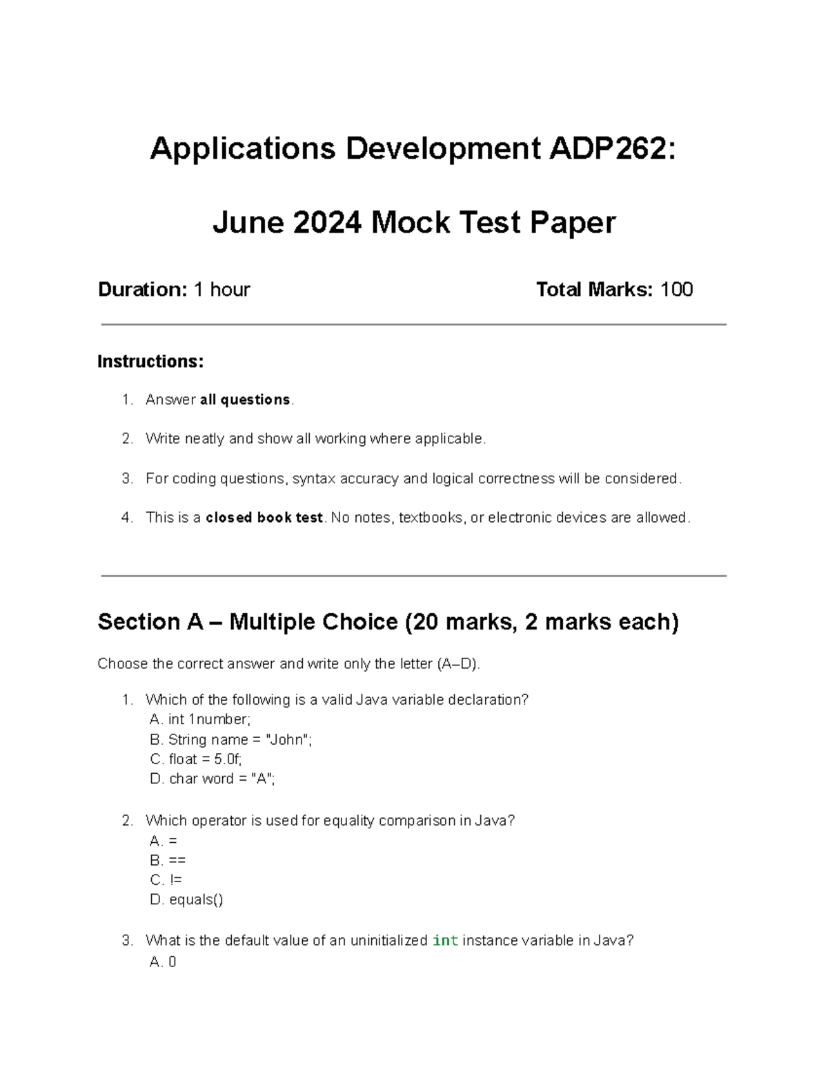 ADP262: June 2024 Mock Test Paper for Applications Development - Studocu
