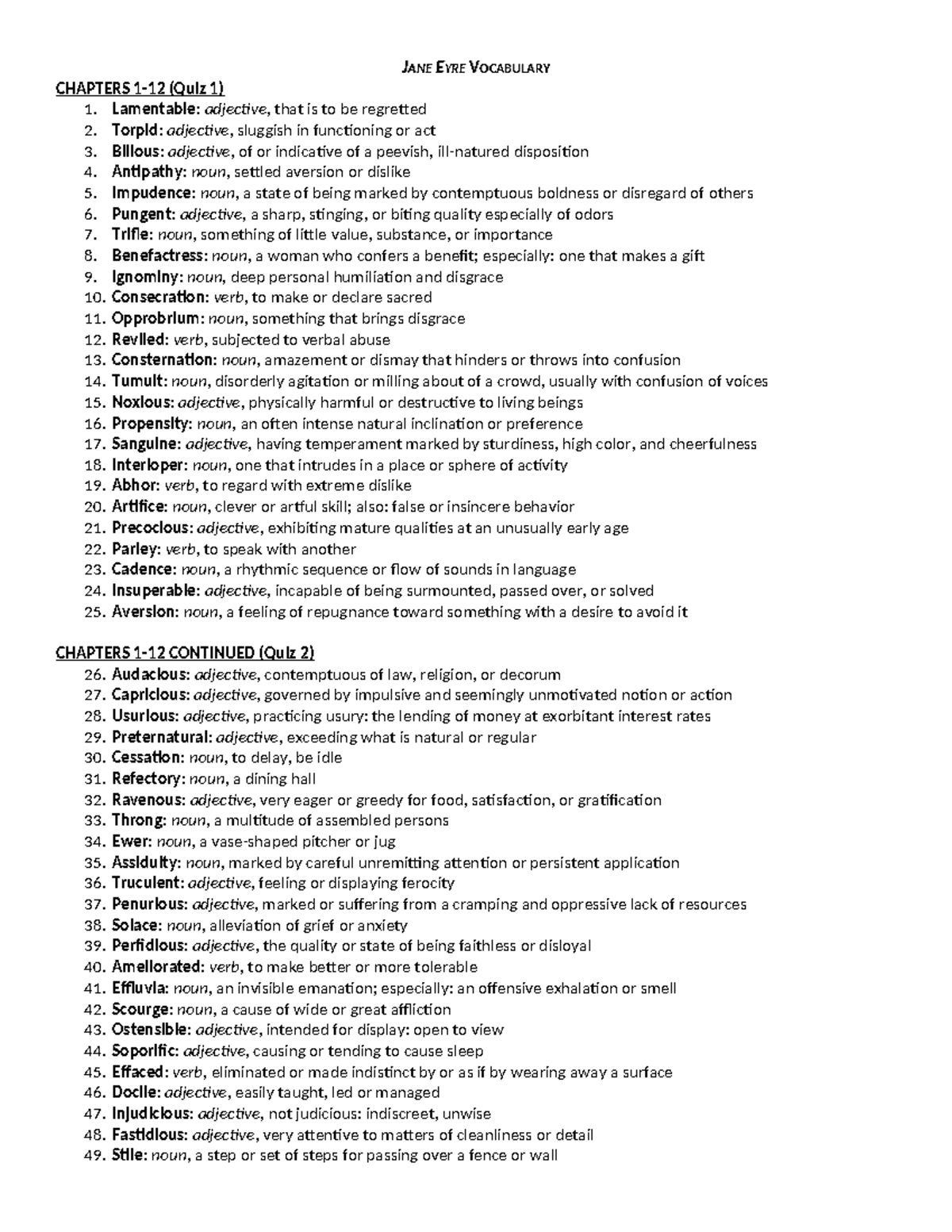 JANE EYRE VOCABULARY QUIZ 1 & 2: KEY TERMS & DEFINITIONS - Studocu