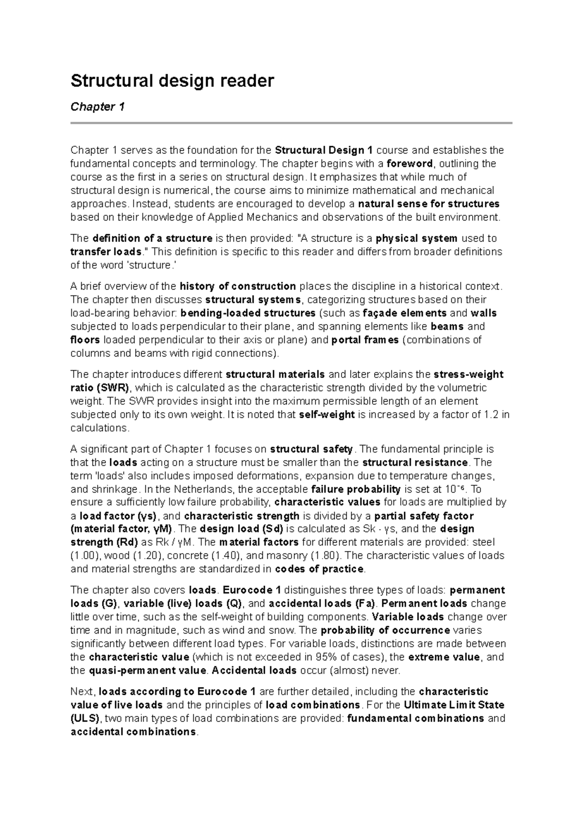 Structural Design 1: Chapter 1 Reader Summary and Key Concepts ...