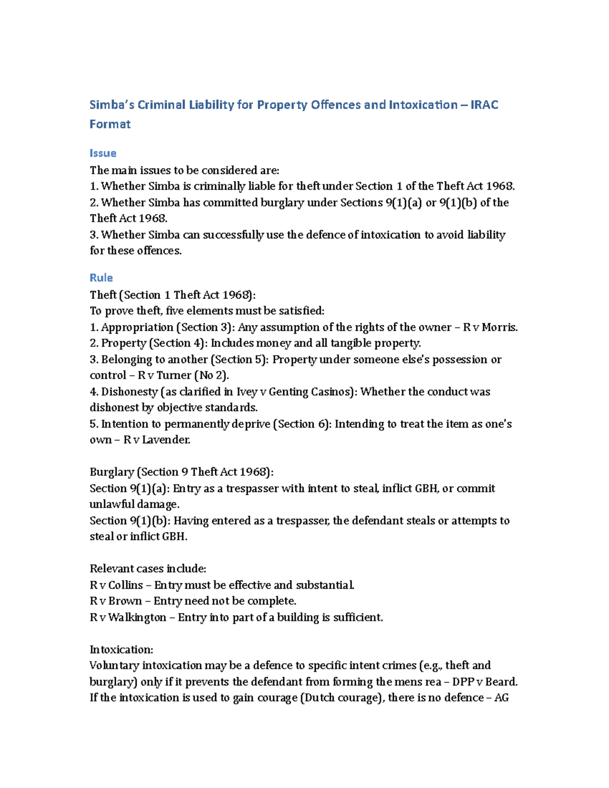 Criminal Liability for Property Offences: IRAC Analysis (Law 101) - Studocu