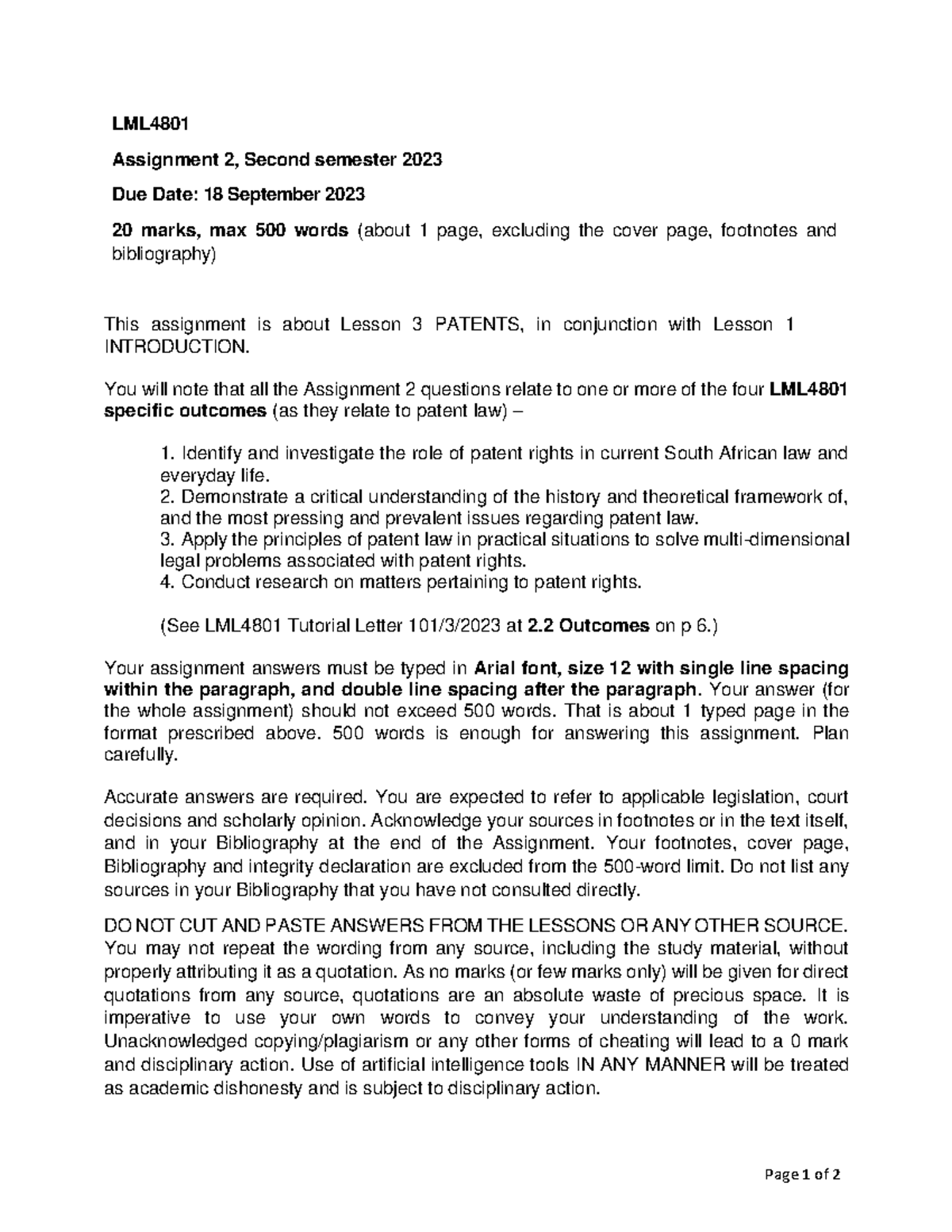 LML4801-23-S2 Assignment 2: Patent Law Analysis for Lesson 3 - Studocu