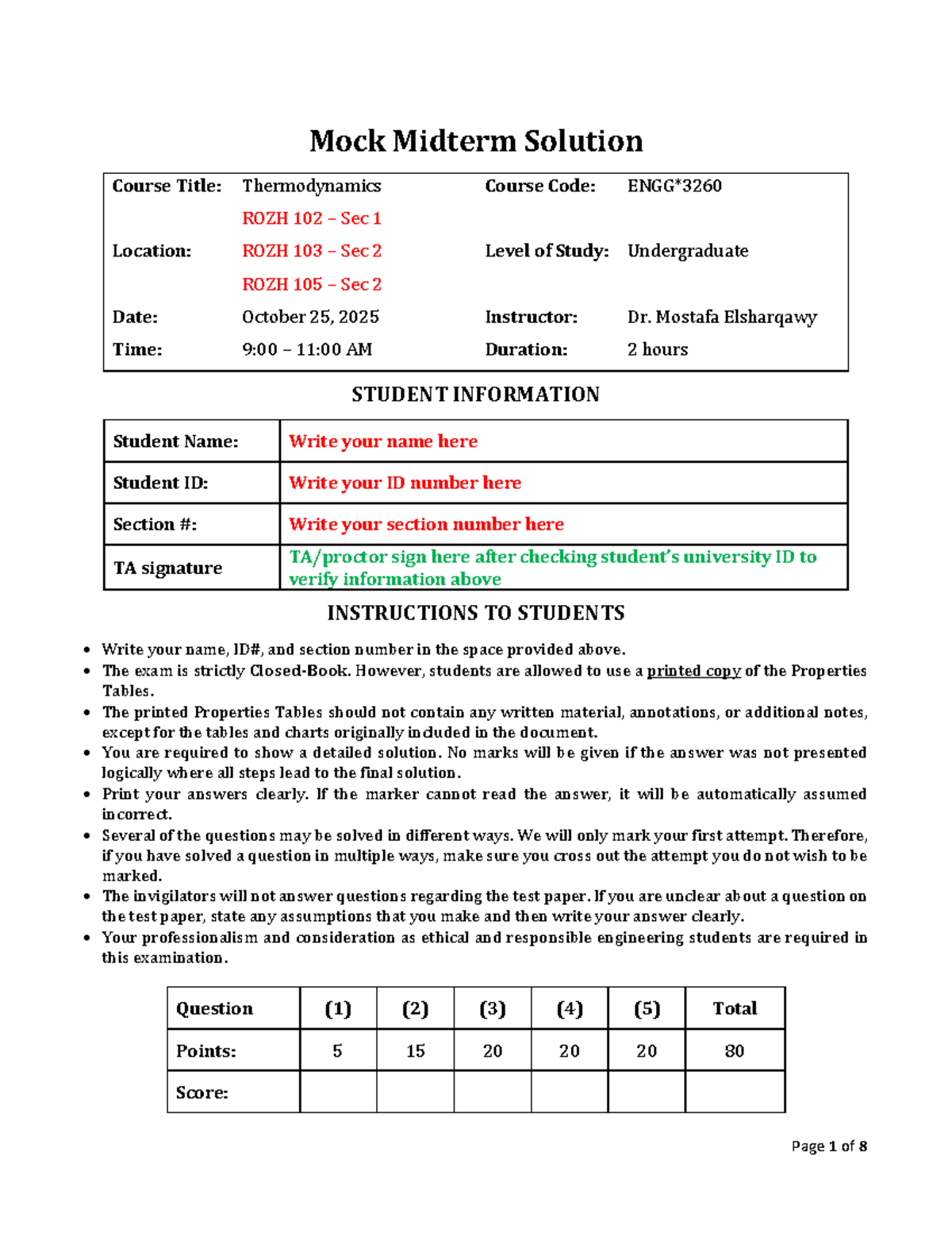 Mock Midterm Solutions for Thermodynamics ROZH 102 Sec 1 - Studocu