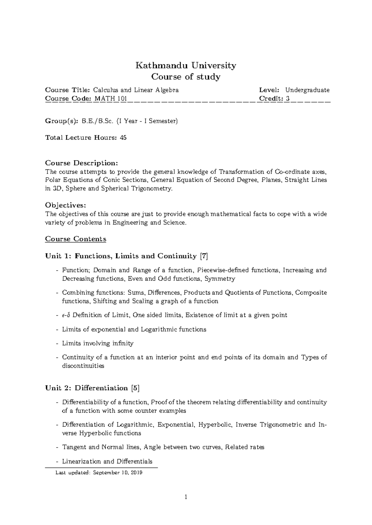 MATH 101: Syllabus for Calculus and Linear Algebra Course - Studocu