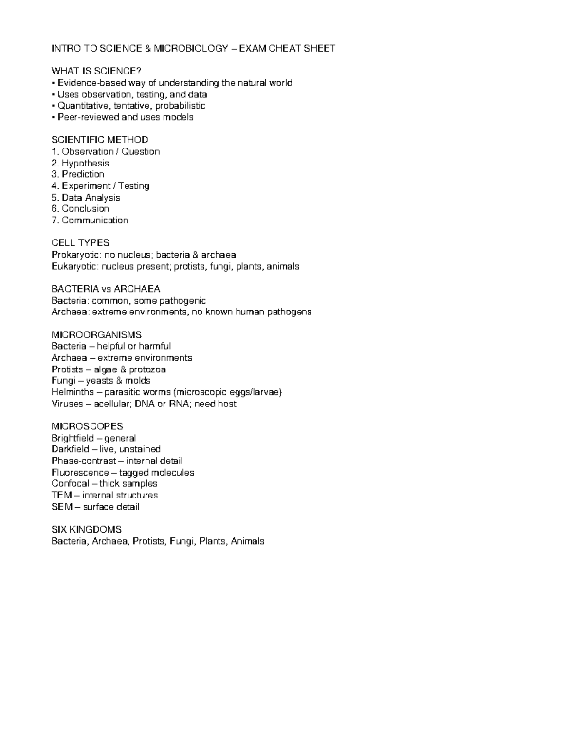 Intro to Science Microbiology Exam Cheat Sheet - Studocu