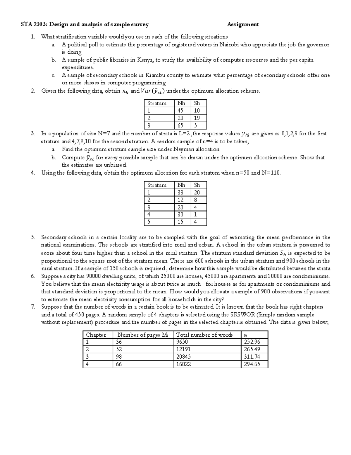 STA 2303: Design and Analysis of Sample Survey Practice Questions - Studocu