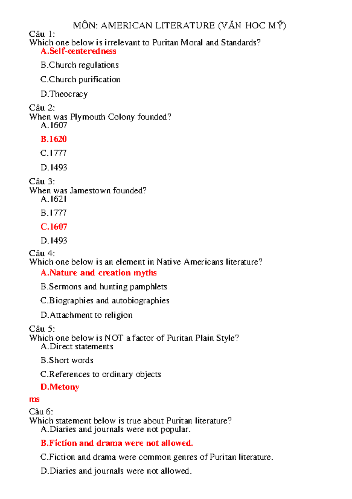 American Literature (VĂN HOC MỸ): Key Concepts and Quiz Questions - Studocu