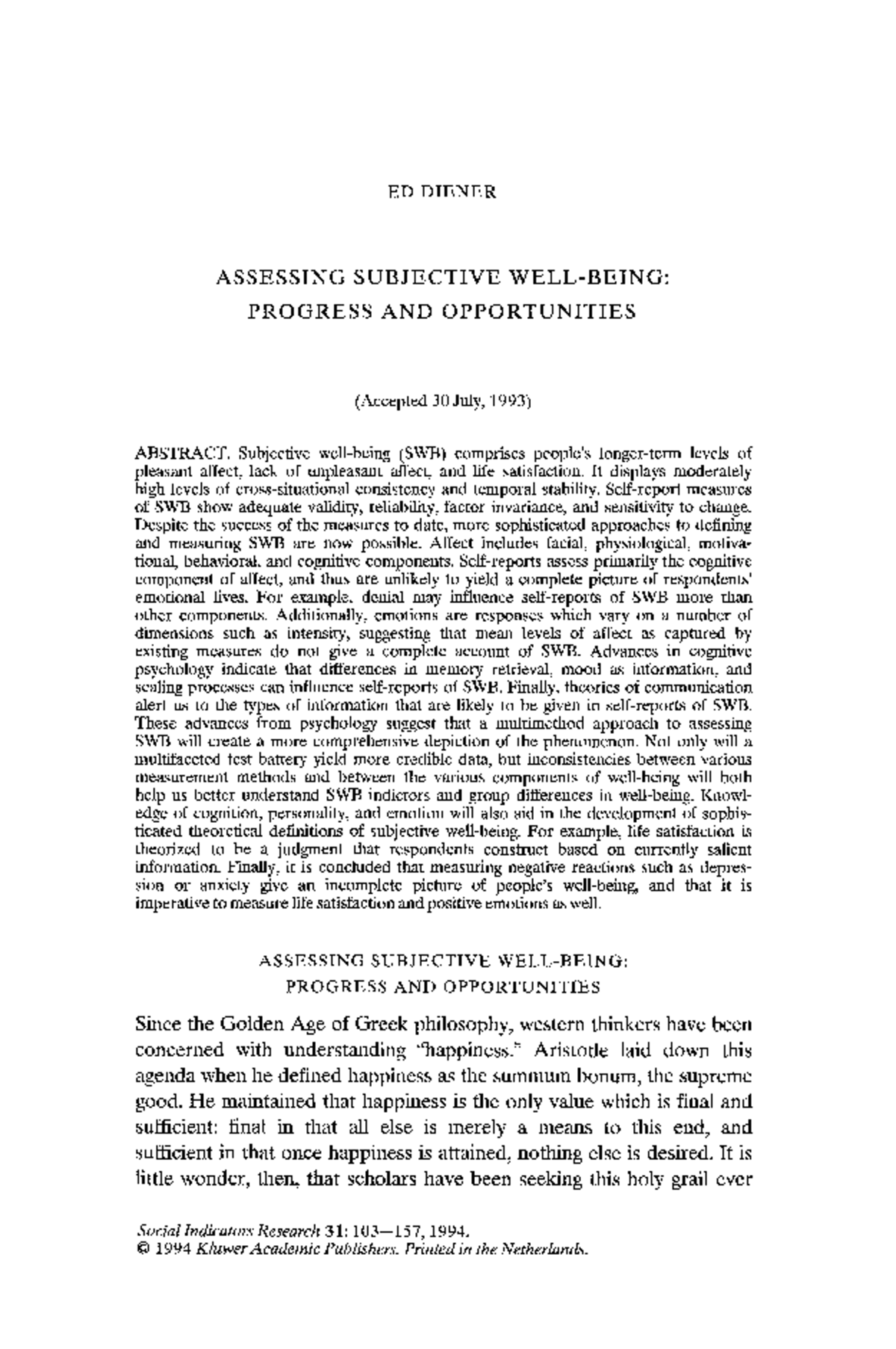 Diener 1994 - bienestar subjetivo - ED D I E N E R ASSESSING PROGRESS ...