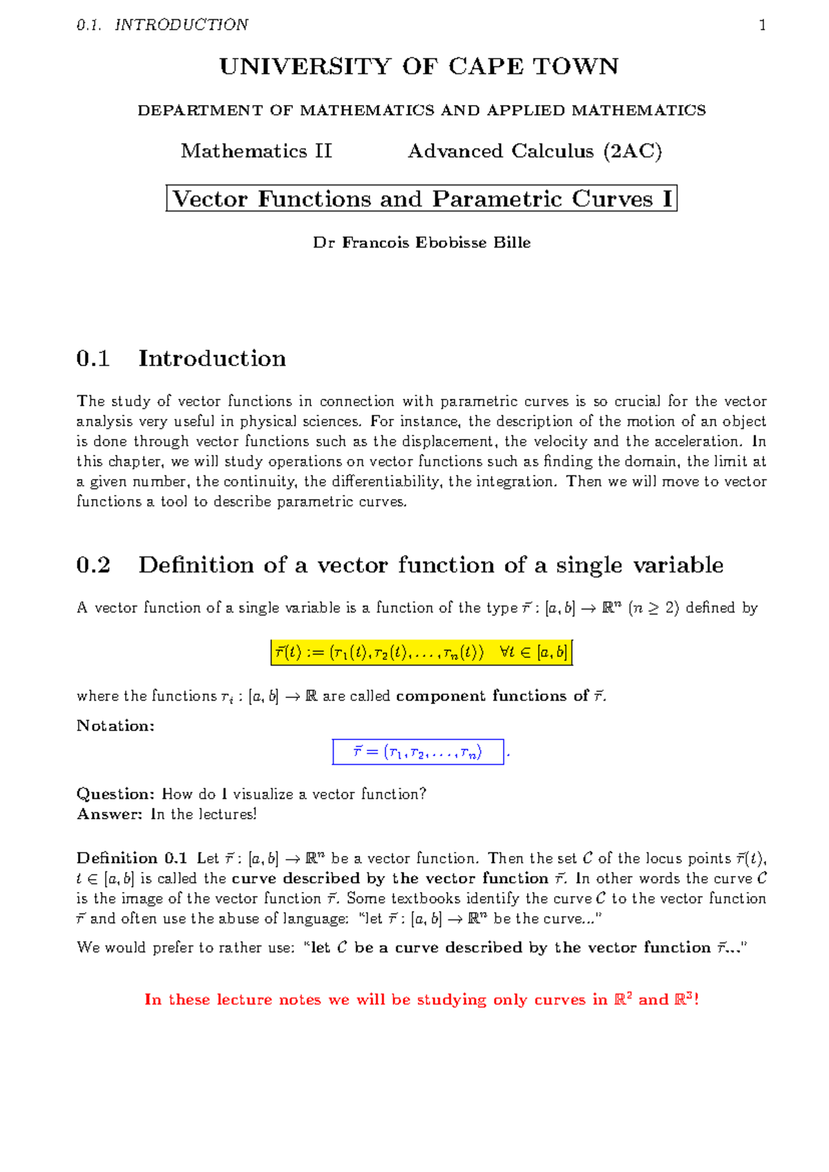 Vector Functions Curves I 0 Introduction 1 University Of Cape Town