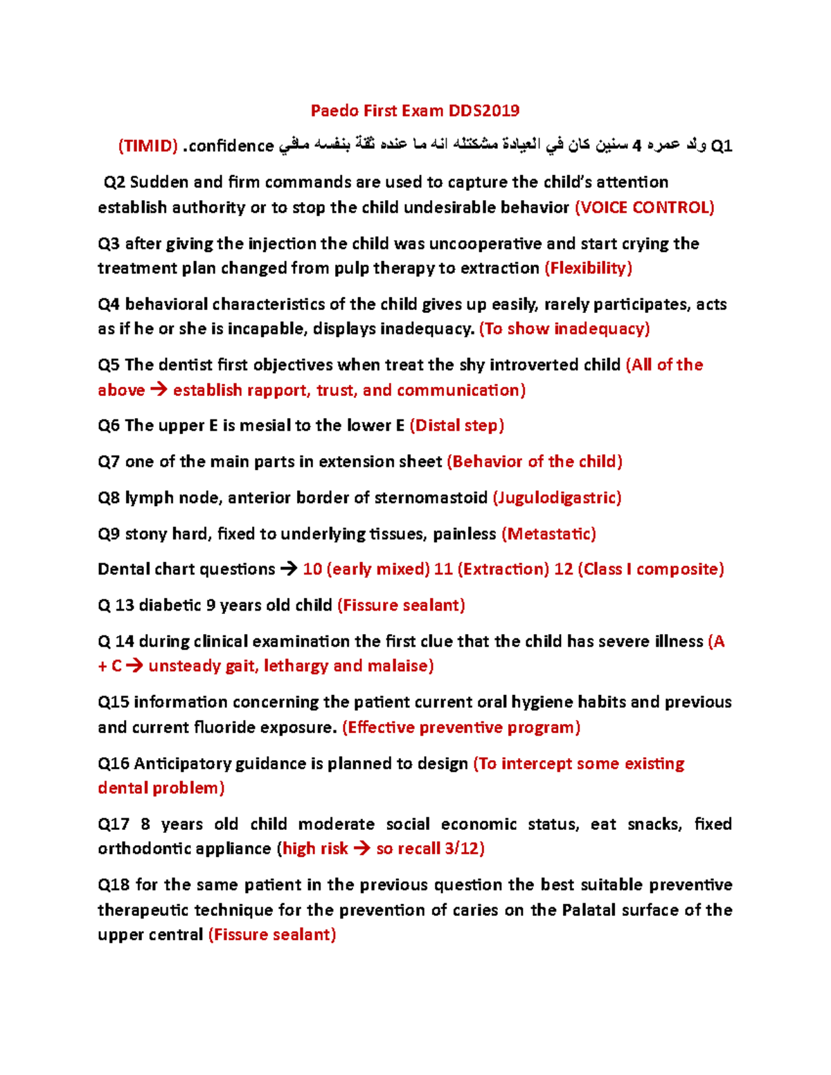 Paedo First Exam Notes DDS 2019: Key Concepts and Insights - Studocu