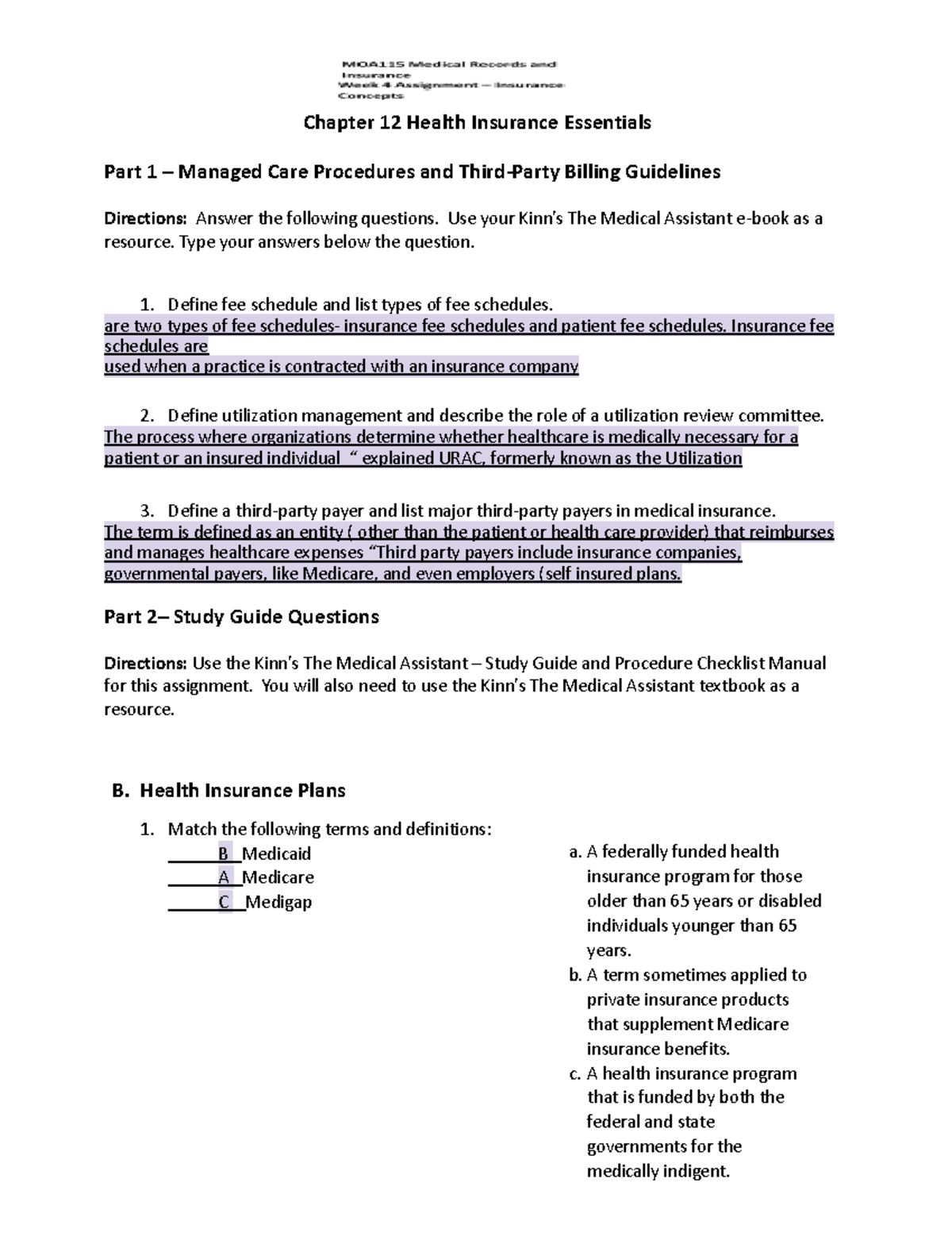 Week 4 Assignment Worksheet 15e - Chapter 12 Health Insurance ...