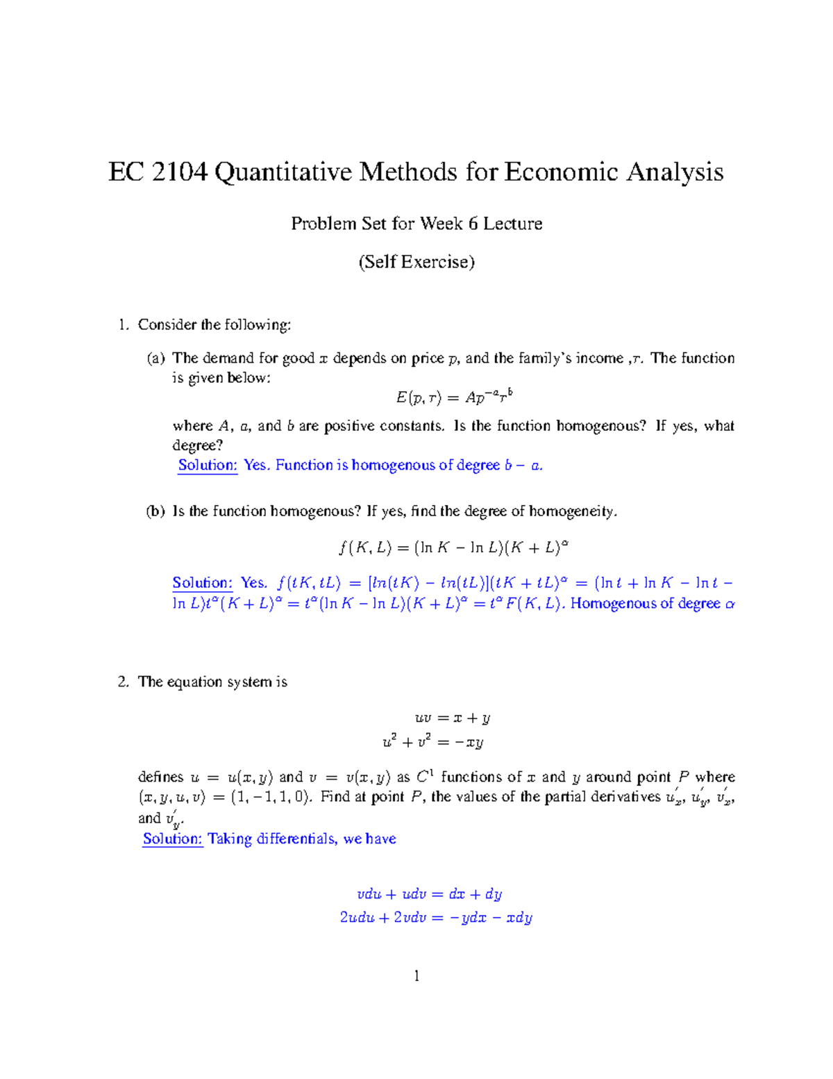 EC 2104 Quantitative Methods for Economic Analysis Week 6 Problem Set ...