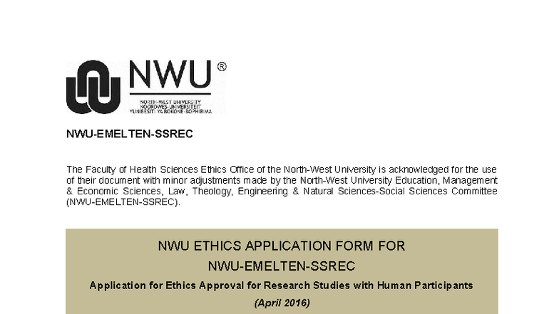 NWU Ethics Application Form for Research Studies with Human ...