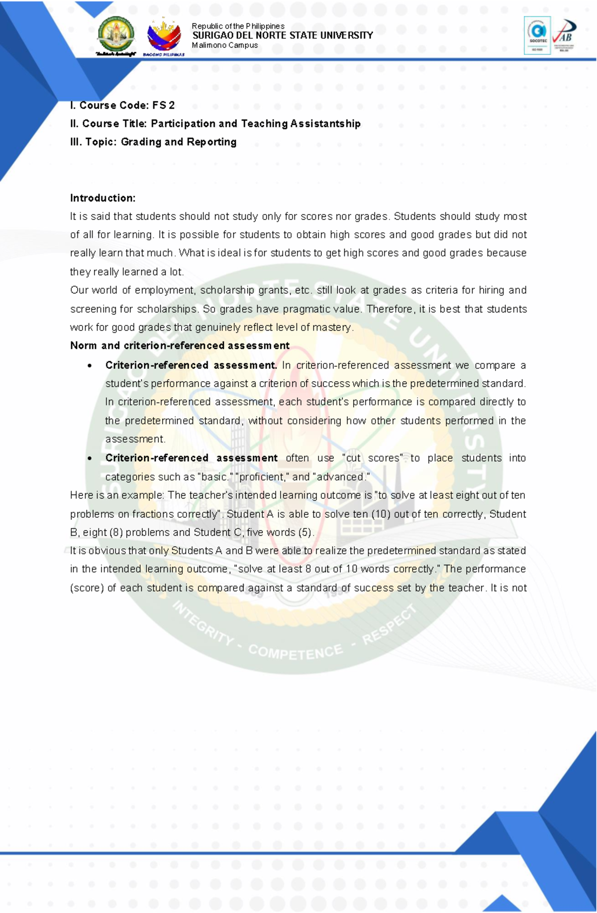 FS 2 Grading and Reporting: Understanding Assessment Standards - Studocu