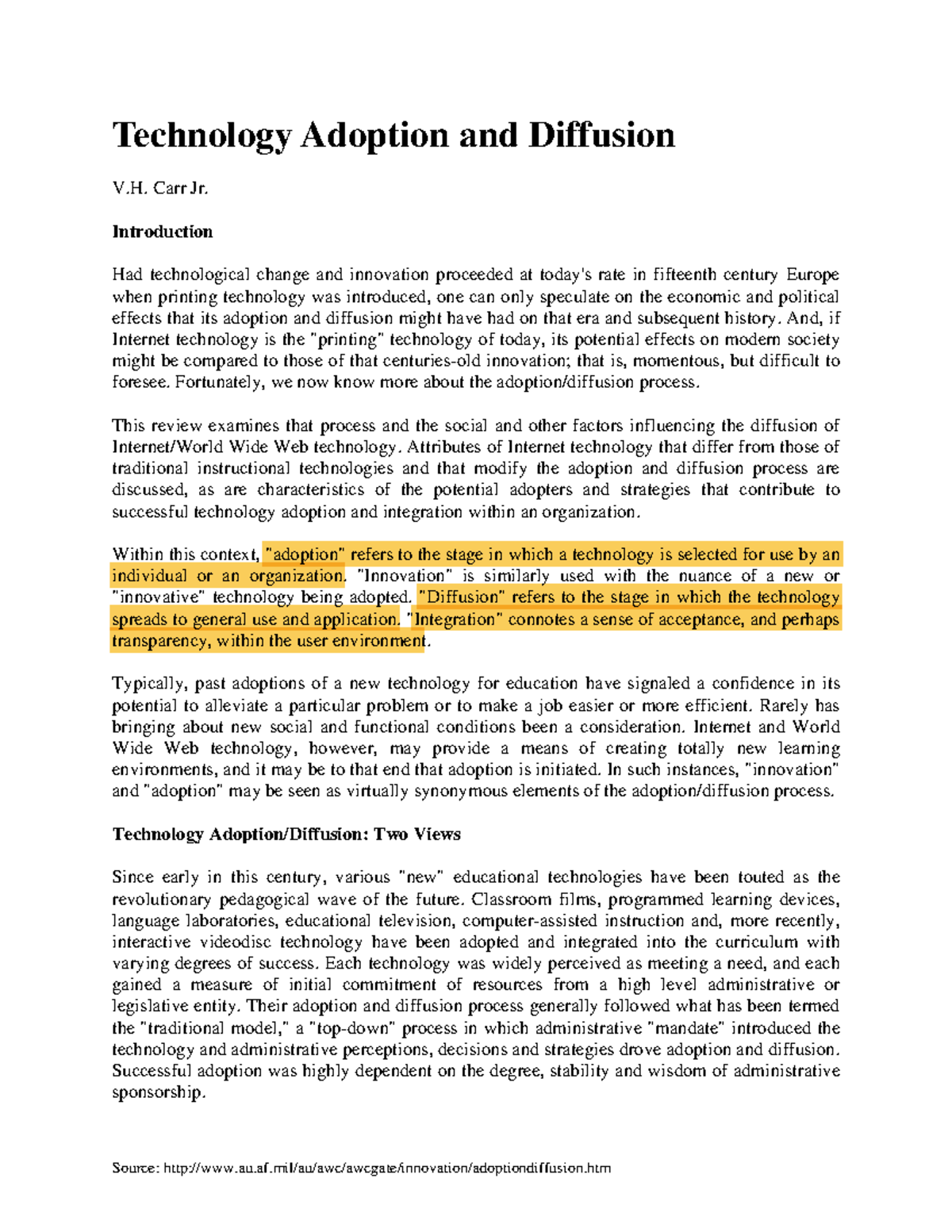 Technology Adoption and Diffusion: Exploring the Process of Integration ...