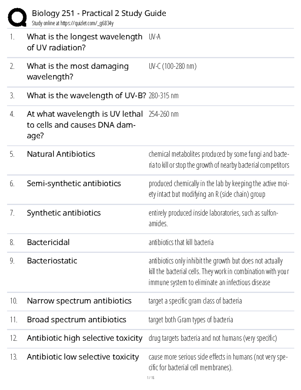 Biology 251 - Practical 2 Study Guide: Key Concepts and Antibiotic ...