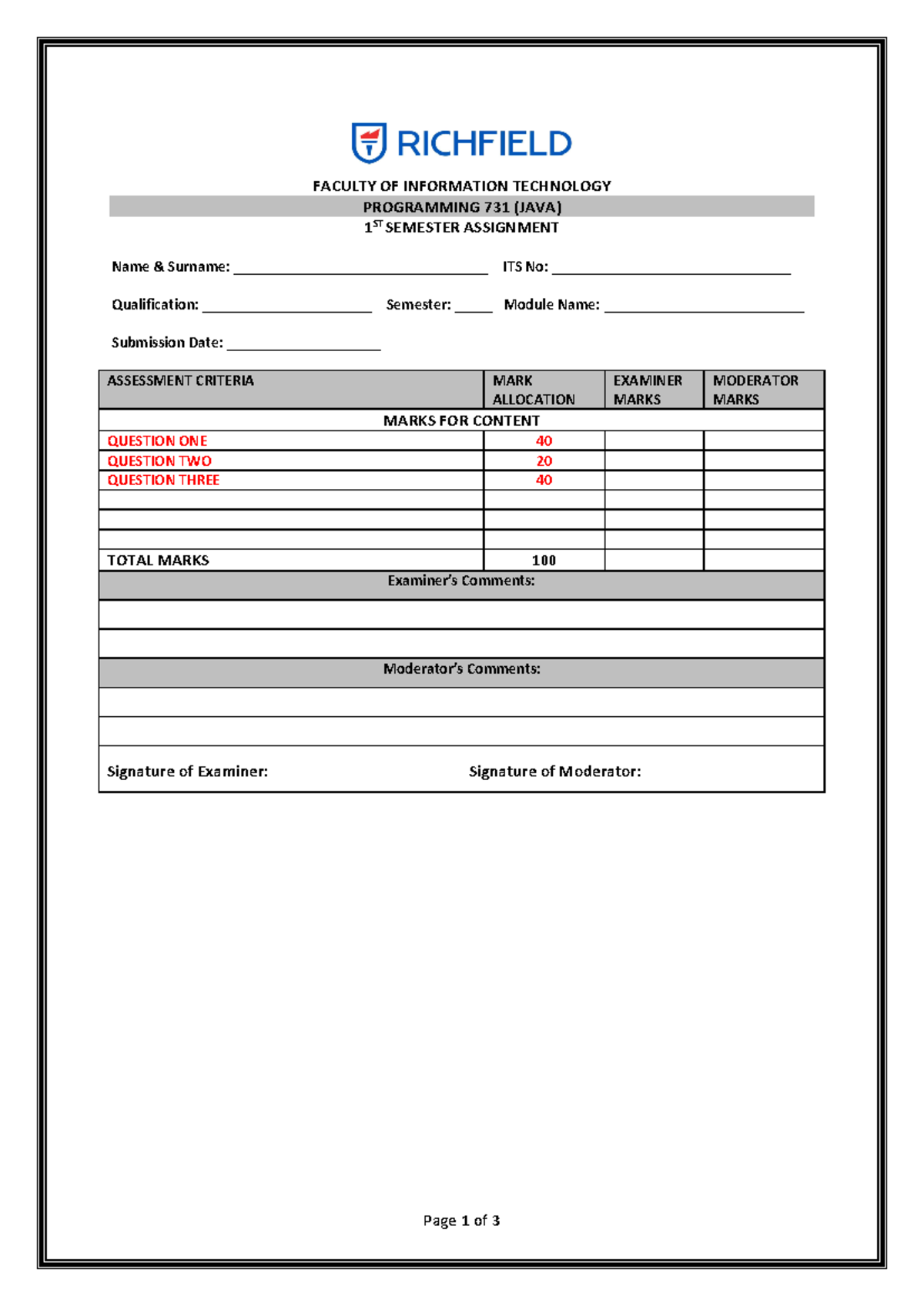 Programming 731 - Java Fundamental Assignments Overview - Studocu