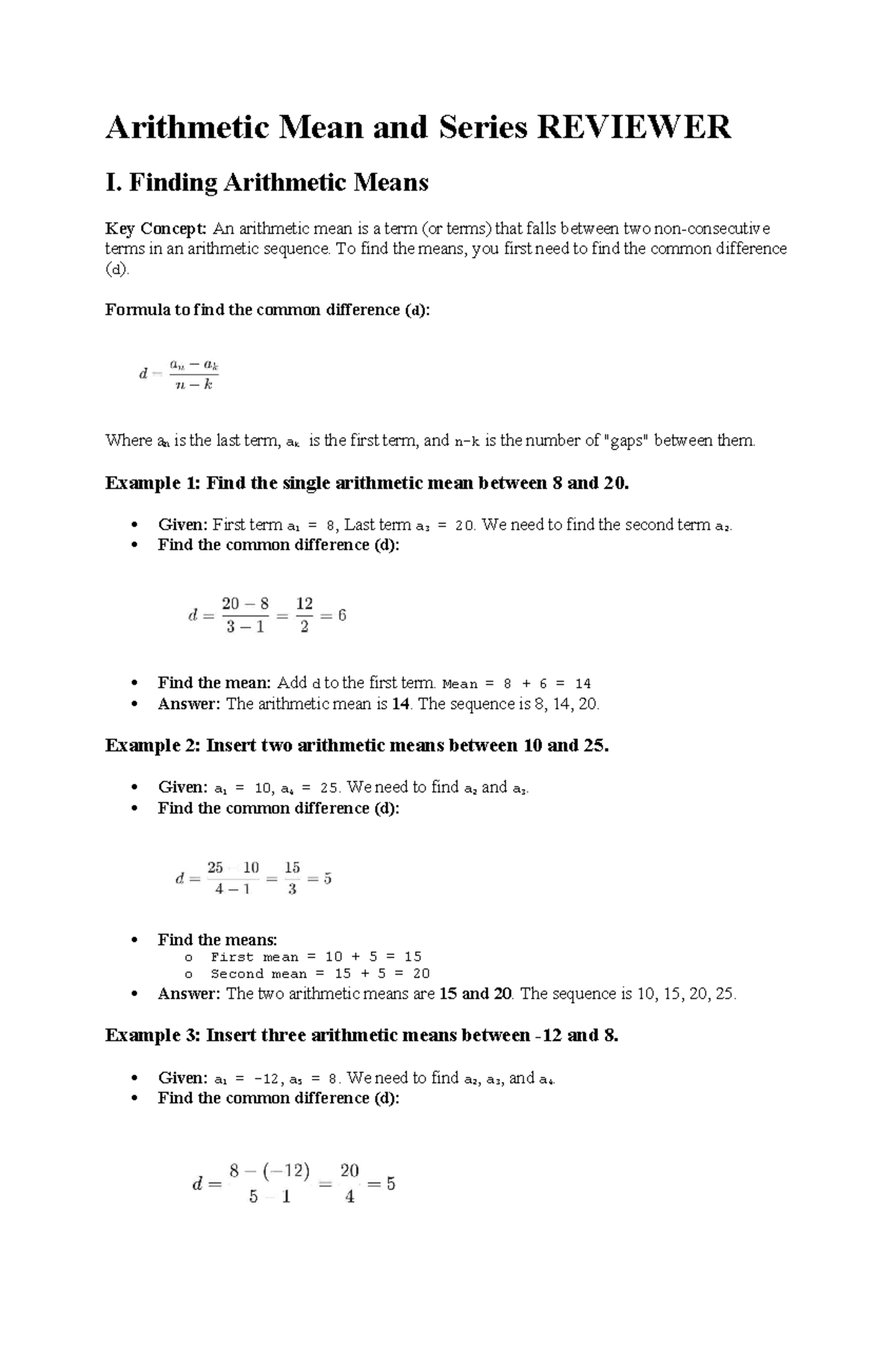 Arithmetic Mean and Series REVIEWER: Key Concepts and Examples - Studocu