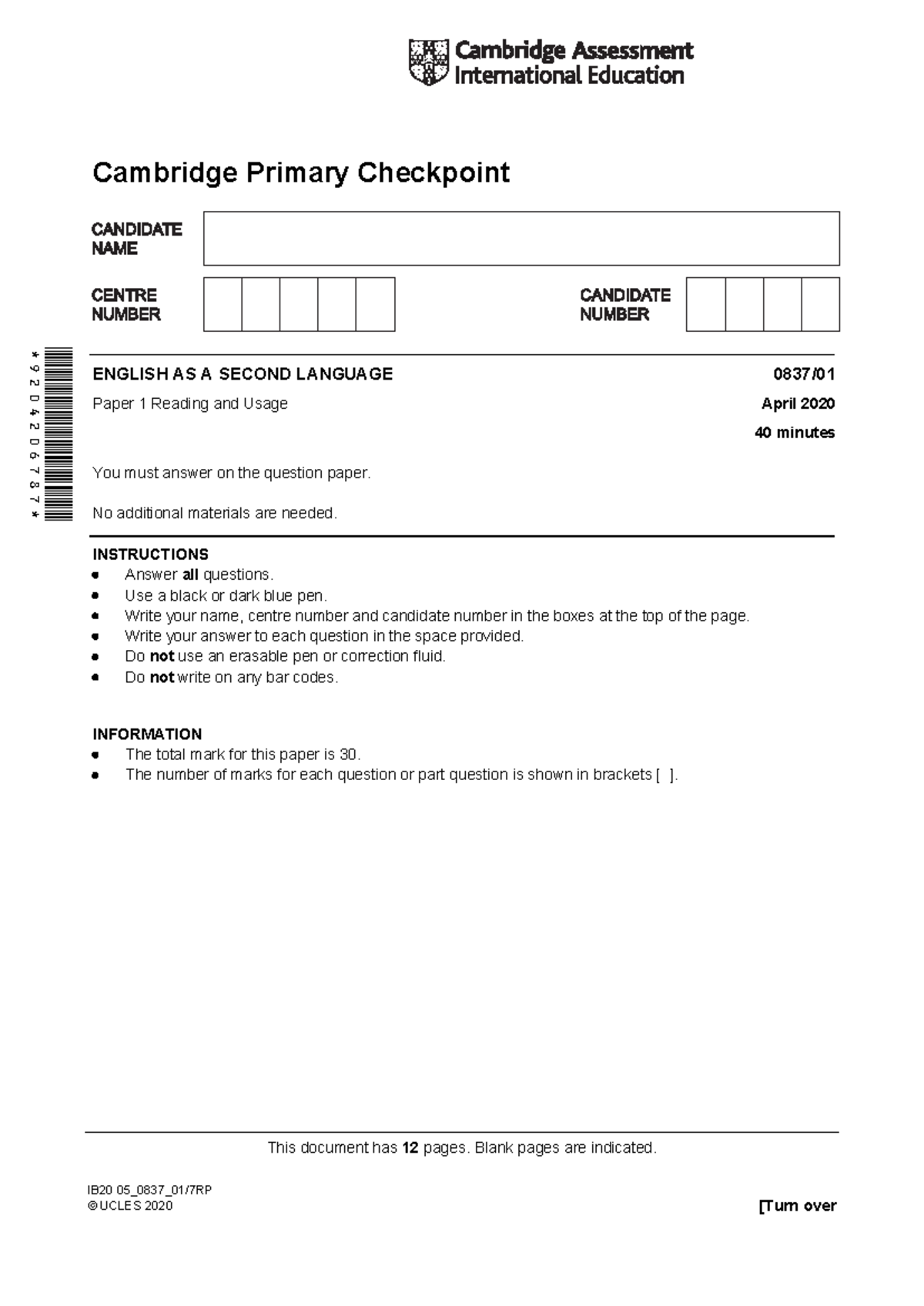 Cambridge Primary Checkpoint - ESL (0837) April 2020 Paper 1 Reading ...