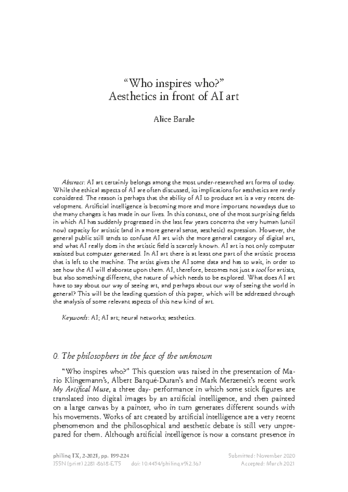 Barale, Aesthetics in Front of A.I. Art - “Who inspires who ...