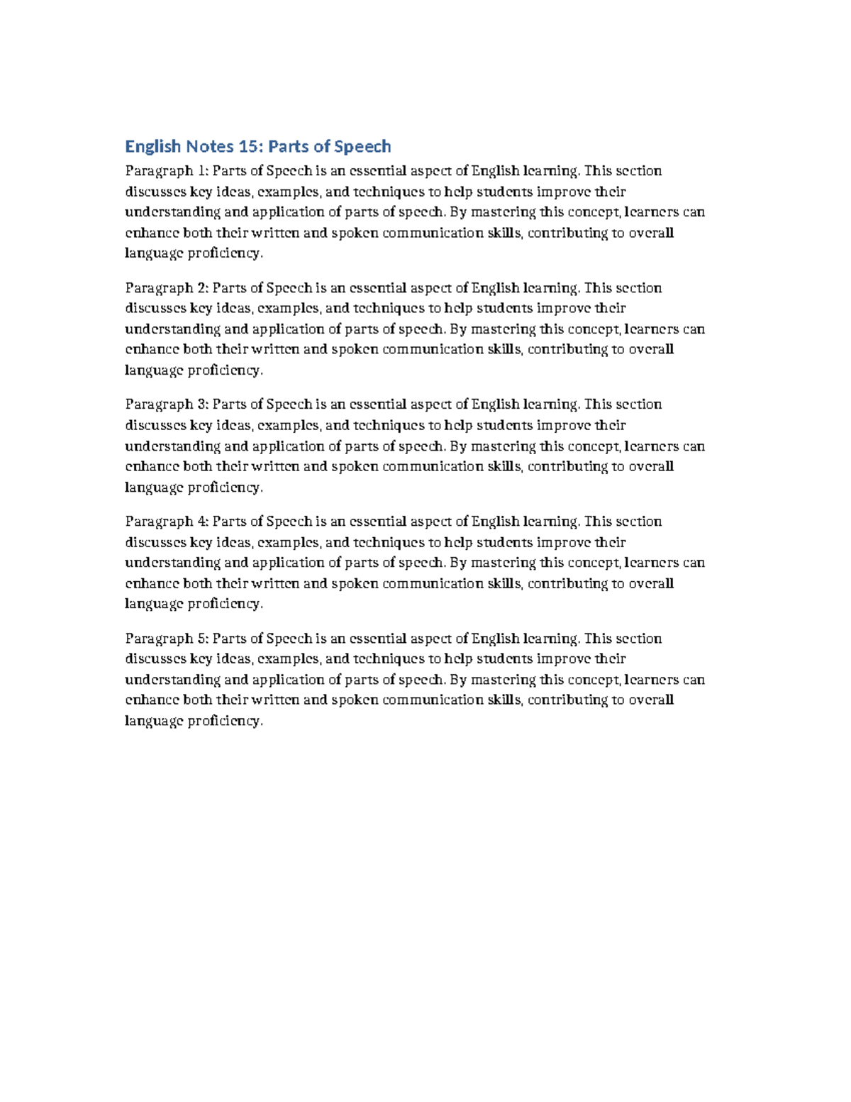 ENG 101: Notes on Parts of Speech and Language Proficiency - Studocu