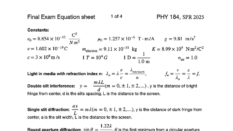 Final Exam Equation Sheet 1-4 PHY 184 SPR 2025 - Studocu