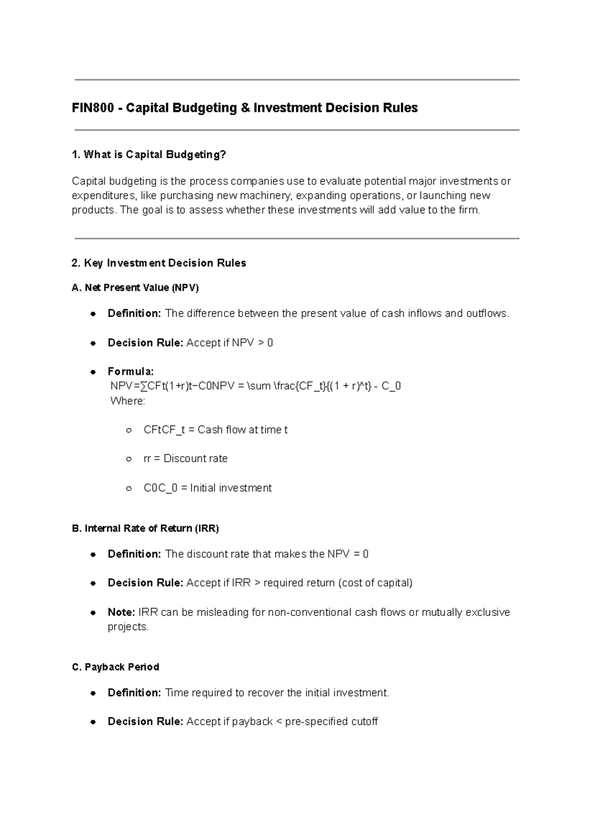Fin 800 capital budgeting investment decision rules explained - Studocu