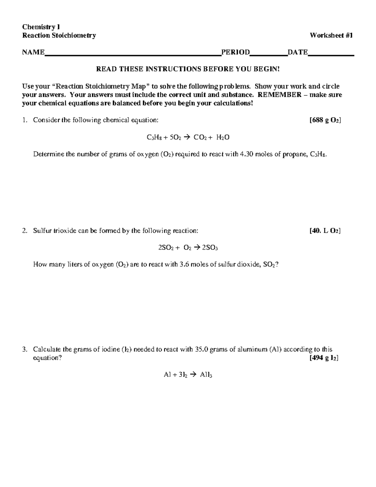 Chemistry I: Reaction Stoichiometry Worksheet Solutions - Studocu