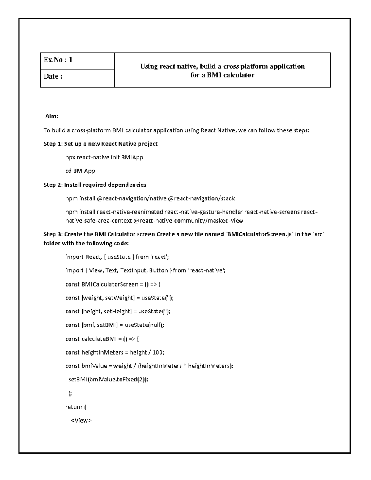 Sample LAB Manual - lab - Aim: To build a cross-platform BMI calculator ...