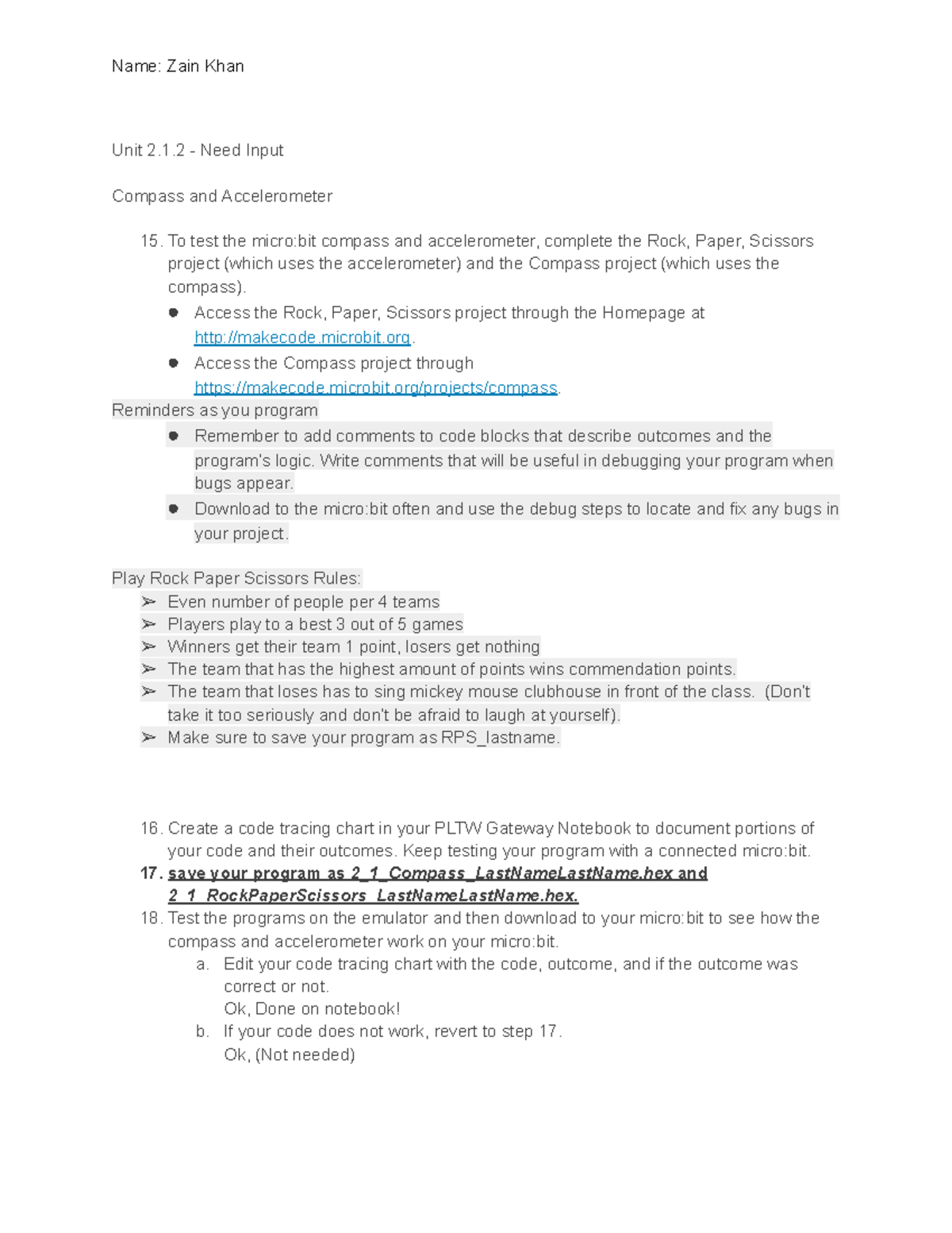 PLTW CSIM Unit 2.1.2 - Micro:bit Compass and Accelerometer Projects ...