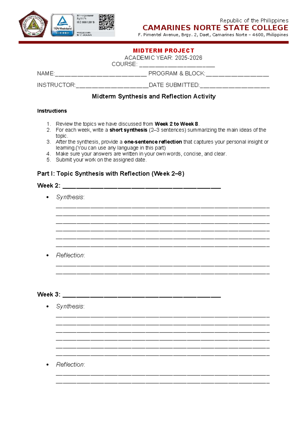 Midterm Project: Synthesis & Reflection Activity (Course Code) - Studocu