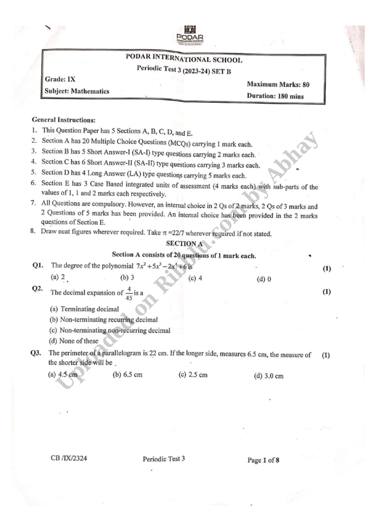 Class 9 Maths Periodic Test Paper 2023-24 - Podar International - Studocu