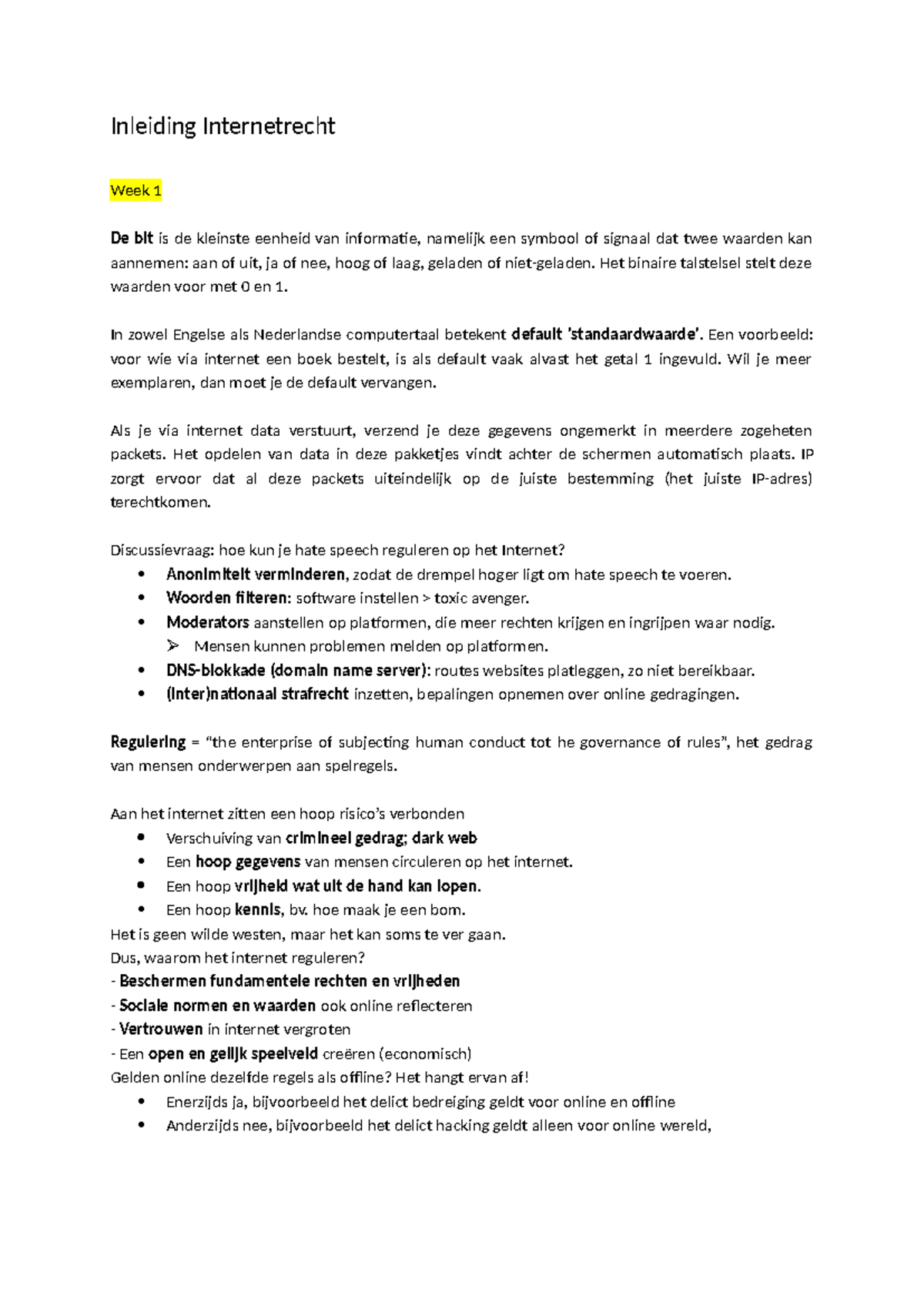 Internetrecht Inleiding - Colleges 1 & 2: Regulering en Digital Rights ...
