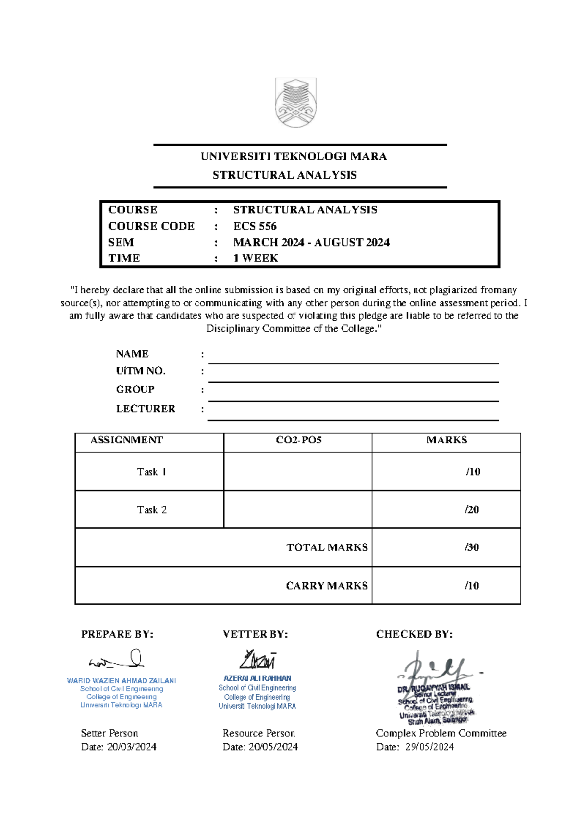 ECS556 Structural Analysis Assignment - AZERAI ALI RAHMAN School of Civil Engineering College of ...