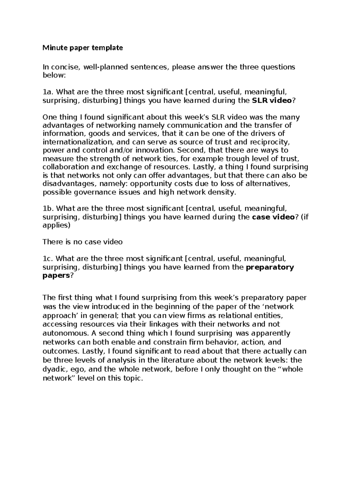 Minute Paper Template for Week 3 - Study Questions SLR - Studeersnel