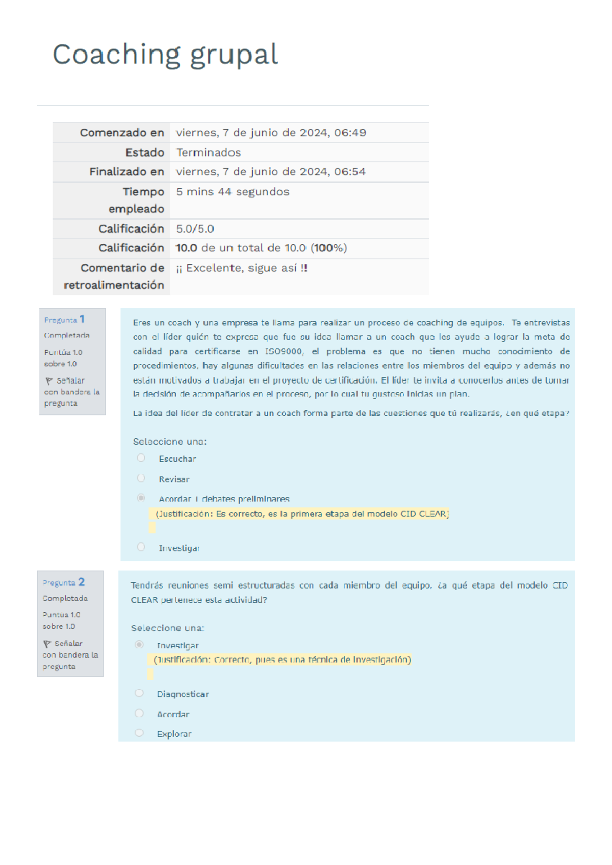 Autocalificable Coaching Grupal - Semana 5 Evaluaciones y Ejercicios - Studocu