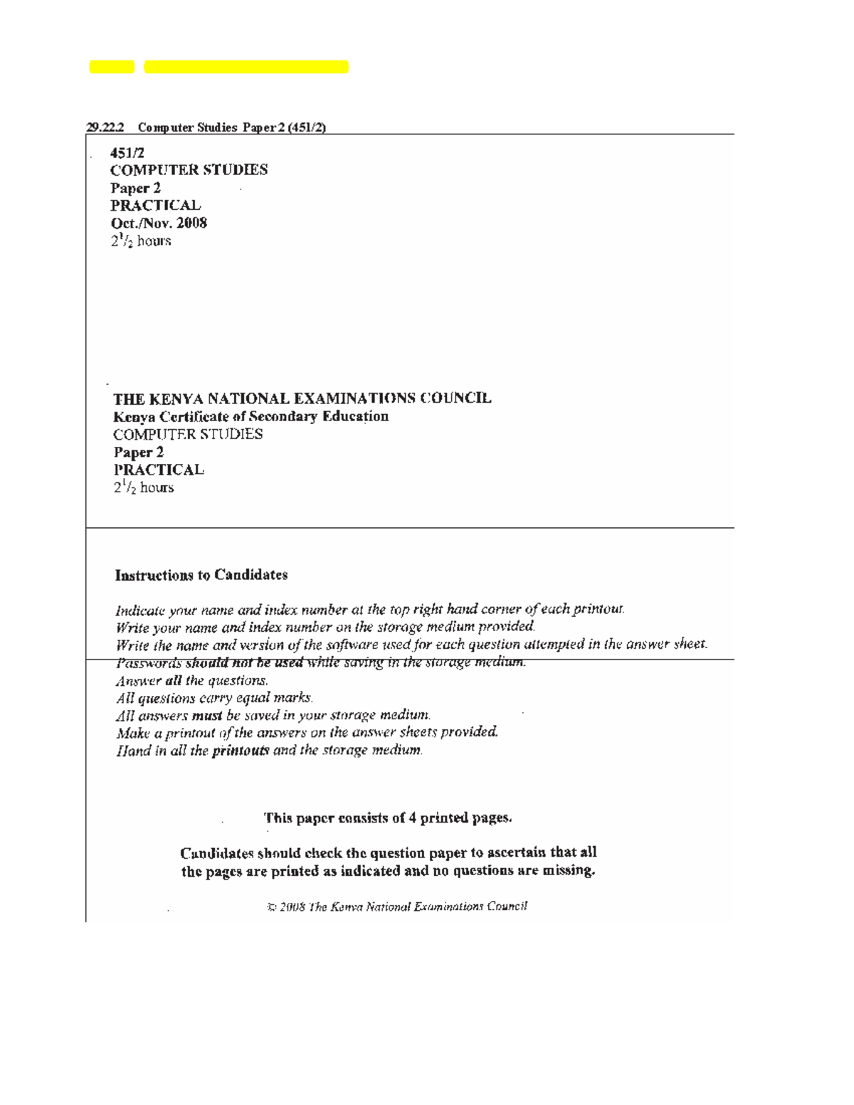 2008 KCSE Computer Studies Paper 2 Practical Questions - Studocu