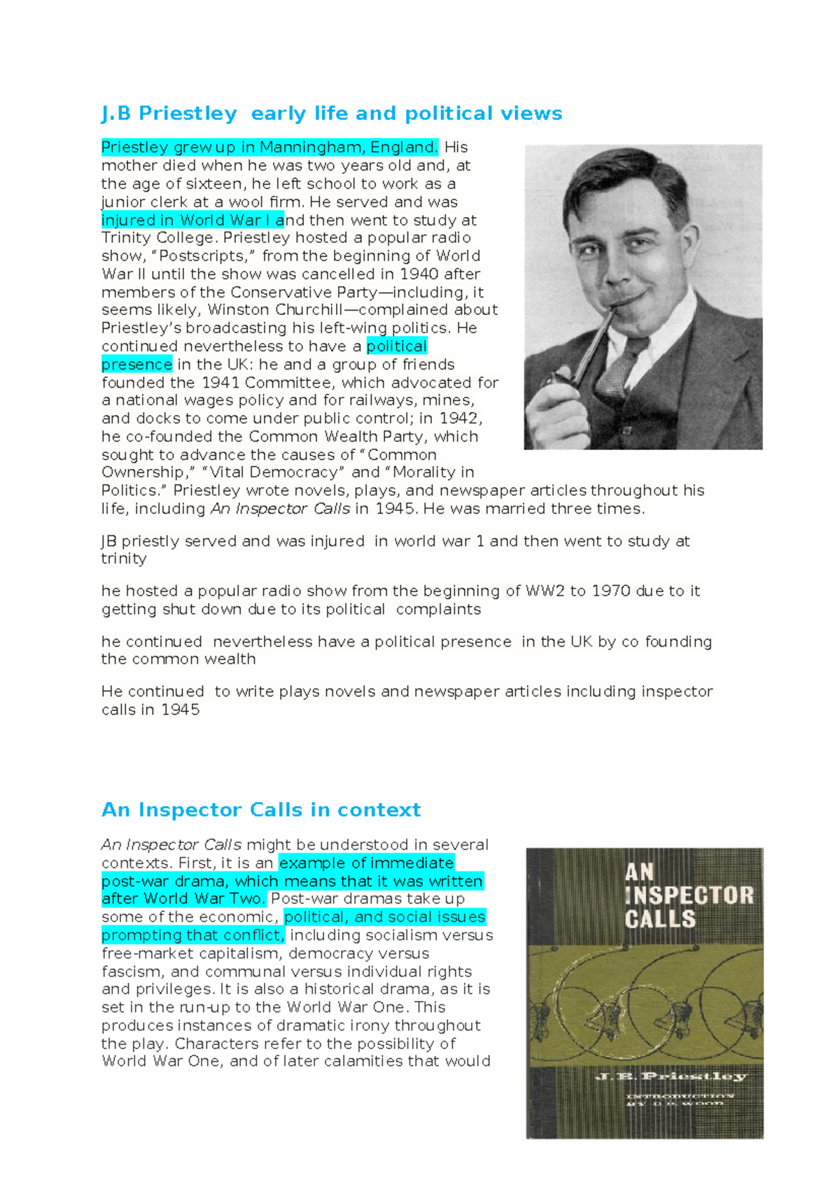 JB Priestley: Early Life, Politics & An Inspector Calls Analysis - Studocu