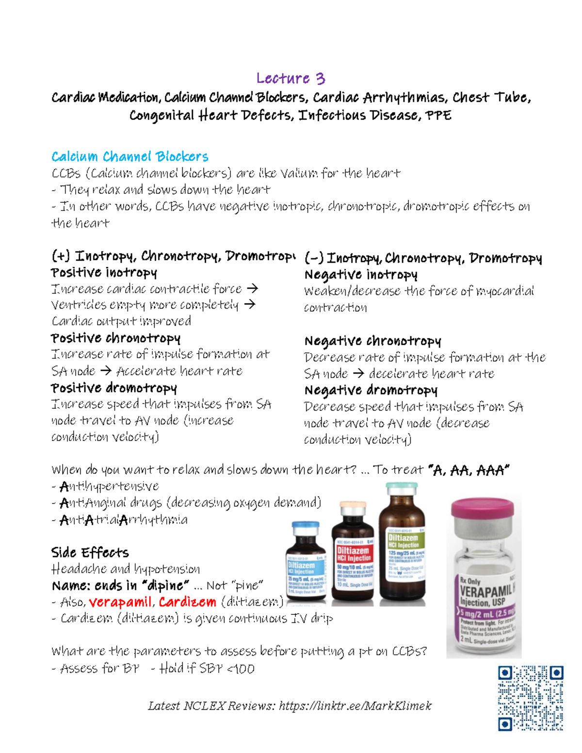 Lecture 3: Cardiac Medications & CCBs - Arrhythmias & Chest Tubes - Studocu