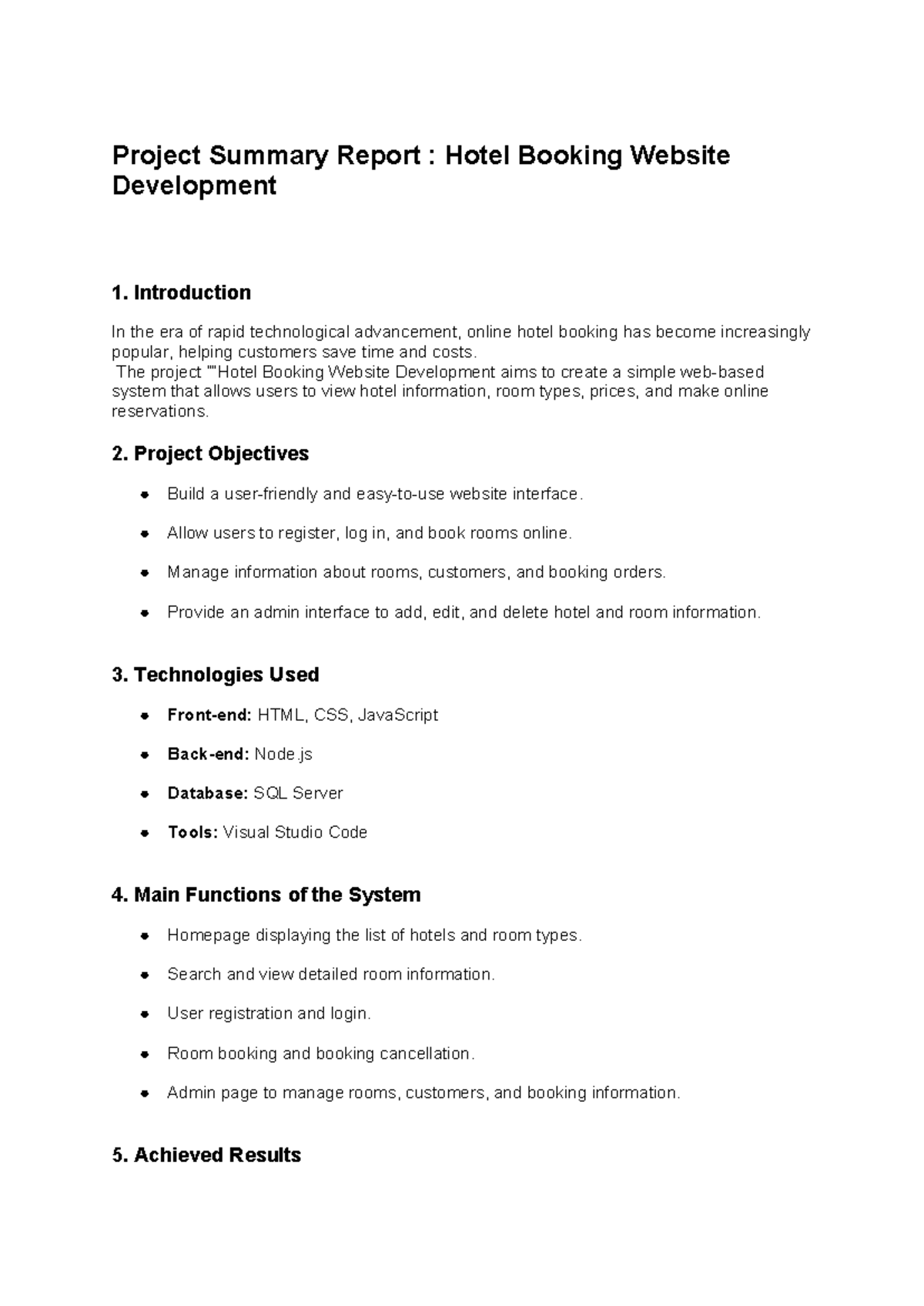 Project Summary Report: Hotel Booking Website Development - Studocu