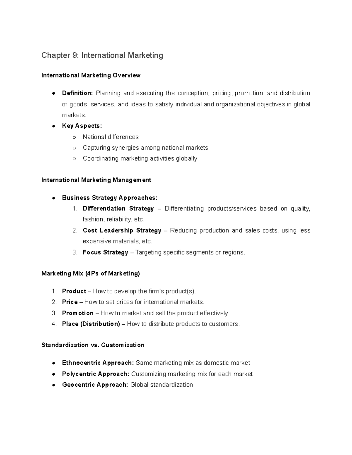 Chapter 9 IB (Short Notes) - Chapter 9: International Marketing ...
