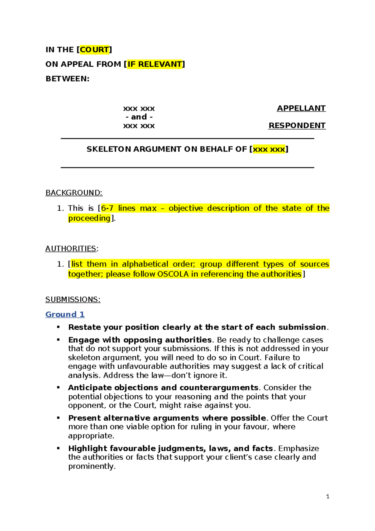 Skeleton Argument Template for Formative Assessment: Appeal Case - Studocu