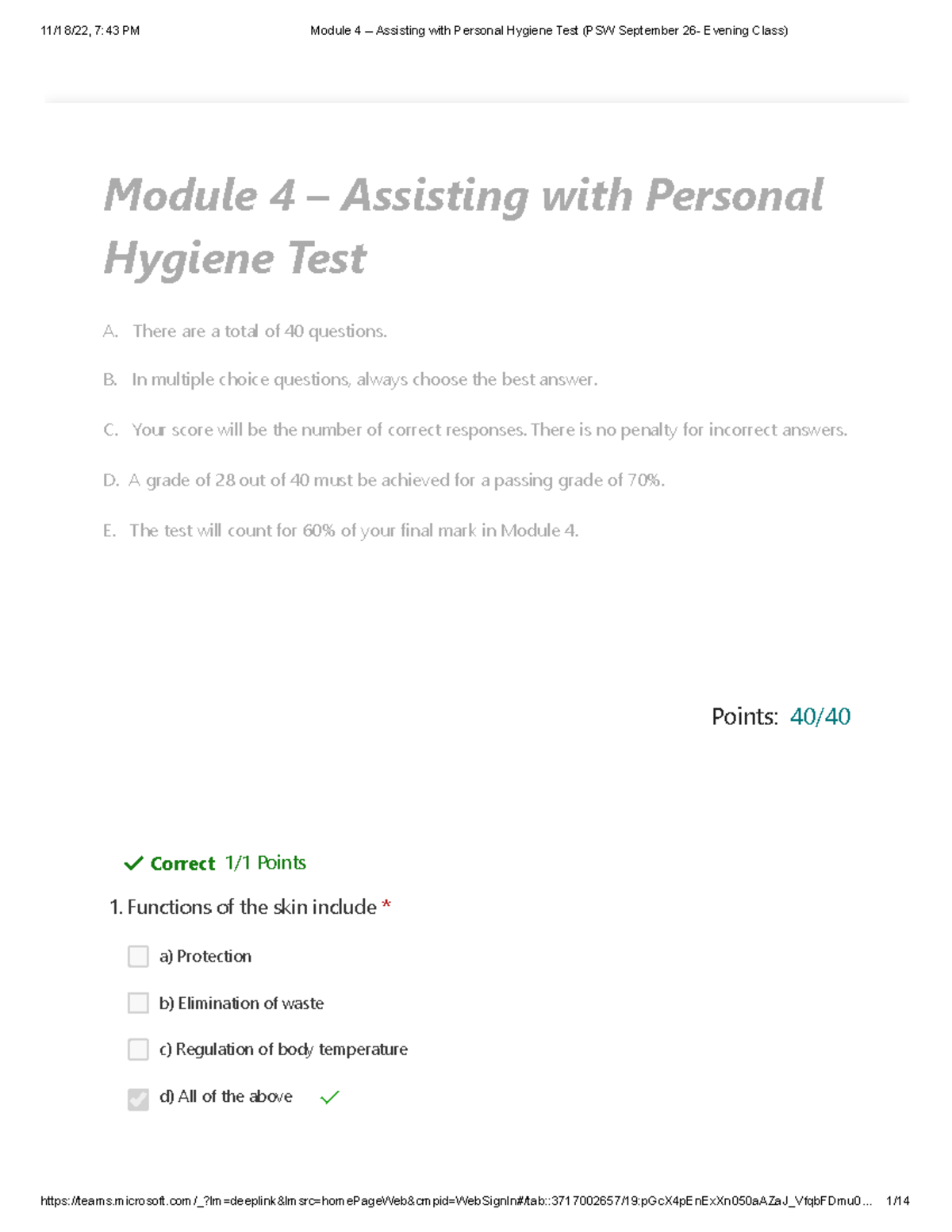 Module 4 Test: Assisting with Personal Hygiene (PSW Sept 26 - Evening ...