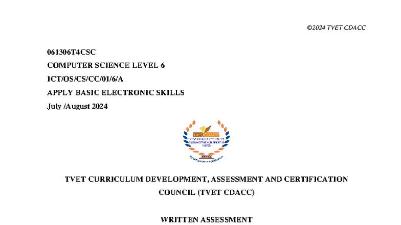 TVET CDACC 061306T4CSC Computer Science Level 6 Basic Electronics Exam July 2024 - Studocu
