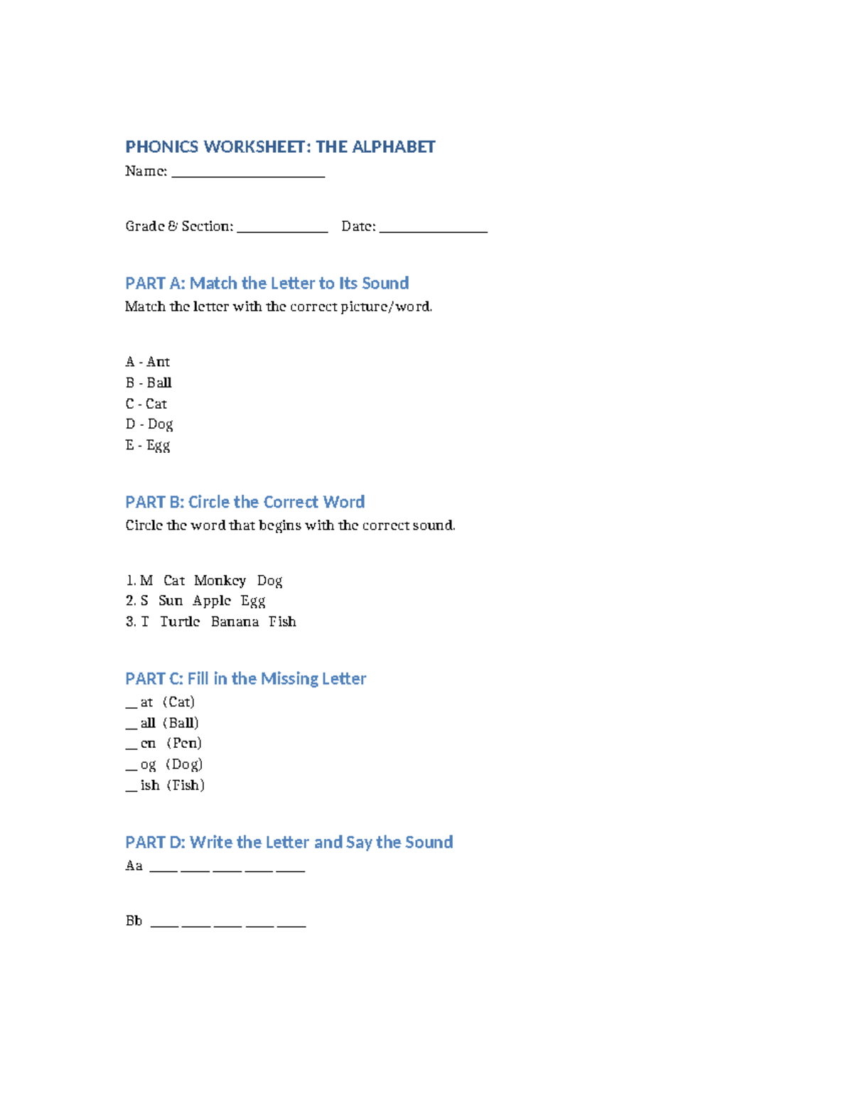 PHONICS WORKSHEET: ALPHABET MATCHING & SOUND ACTIVITIES - Studocu