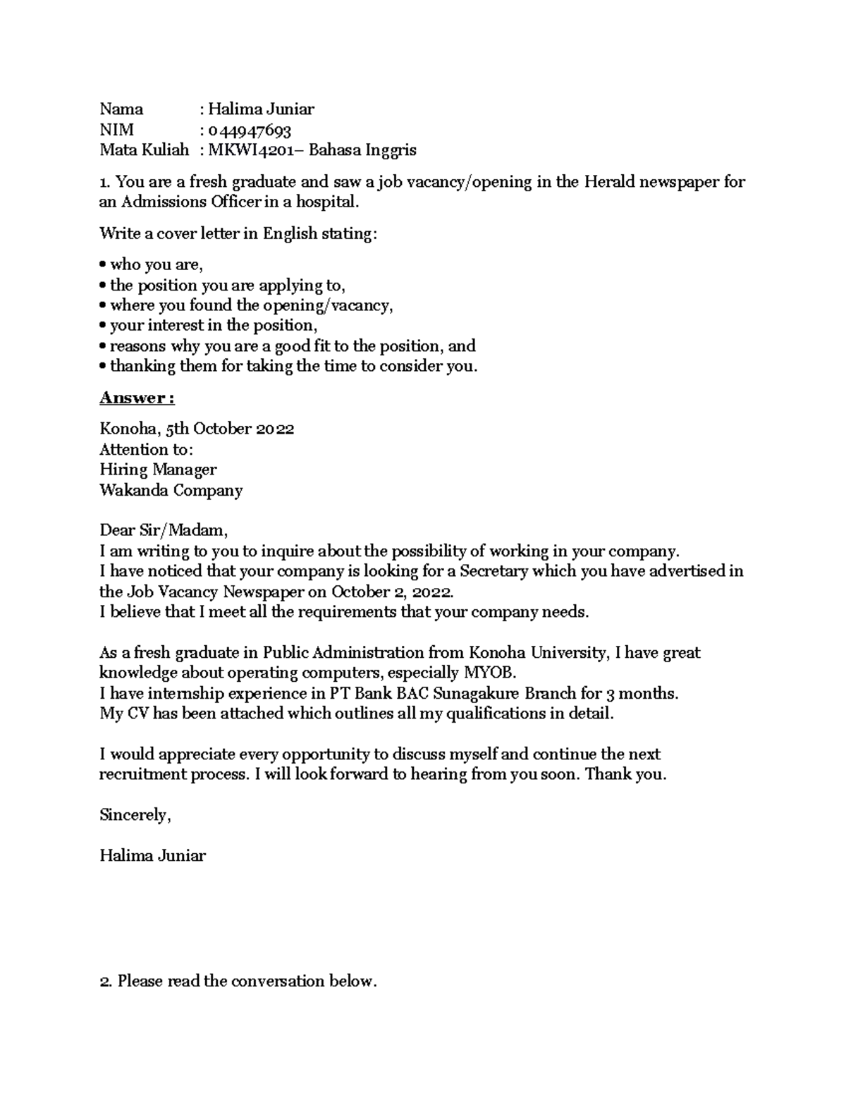 MKWI4201 Tugas 3: Cover Letter & Conversation Exercises in English ...