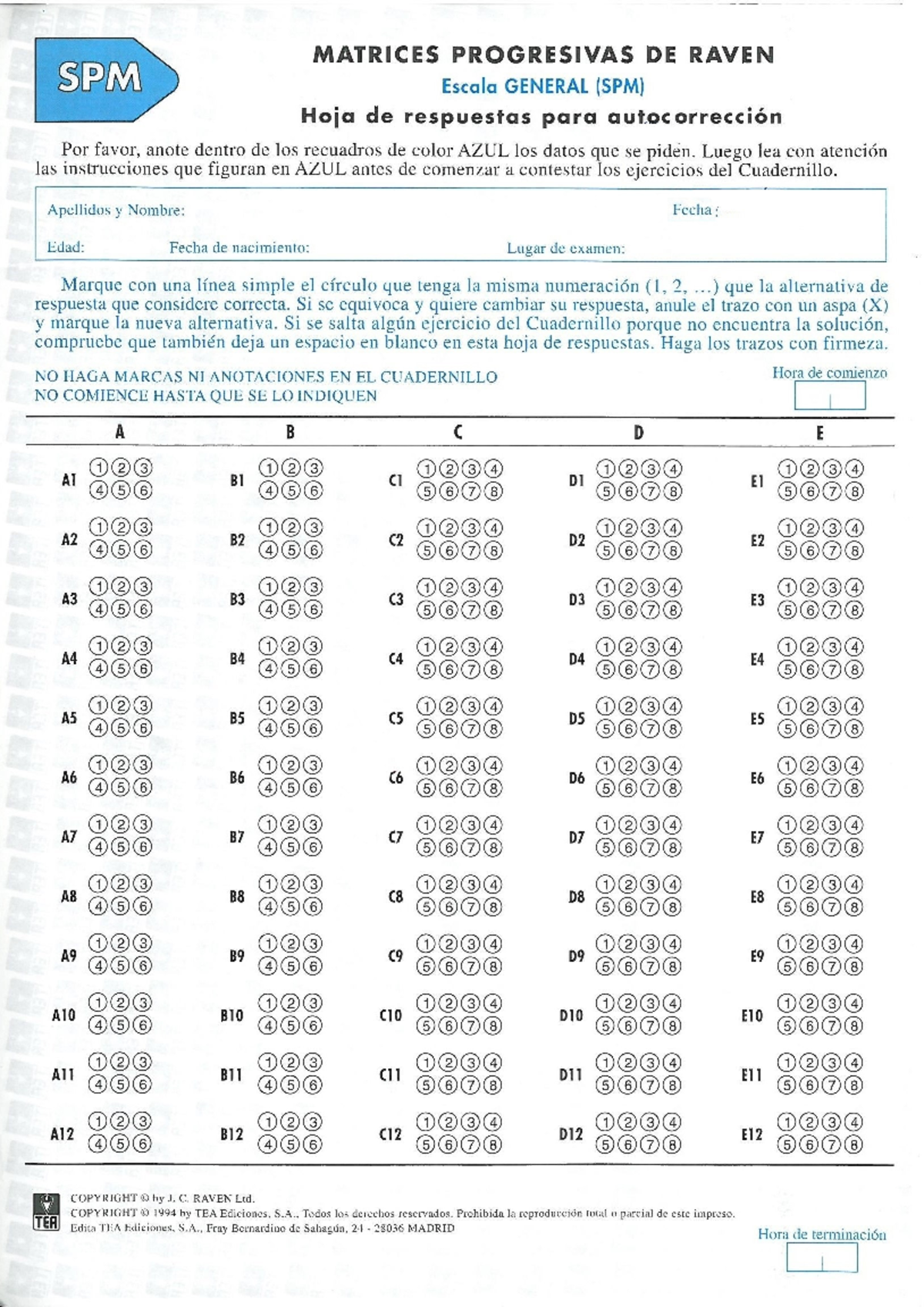 Hoja de Respuestas y Puntuaciones: Matrices Progresivas de Raven SPM ...