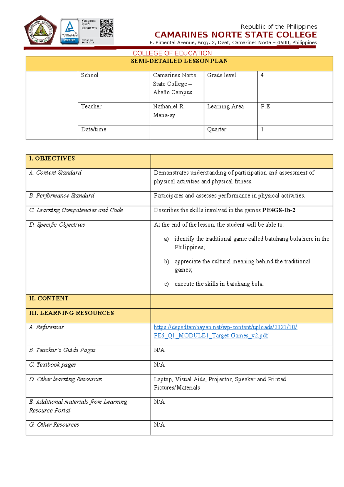 Lesson Plan for Grade 4 P.E. (PEH) - Batuhang Bola Activities - Studocu