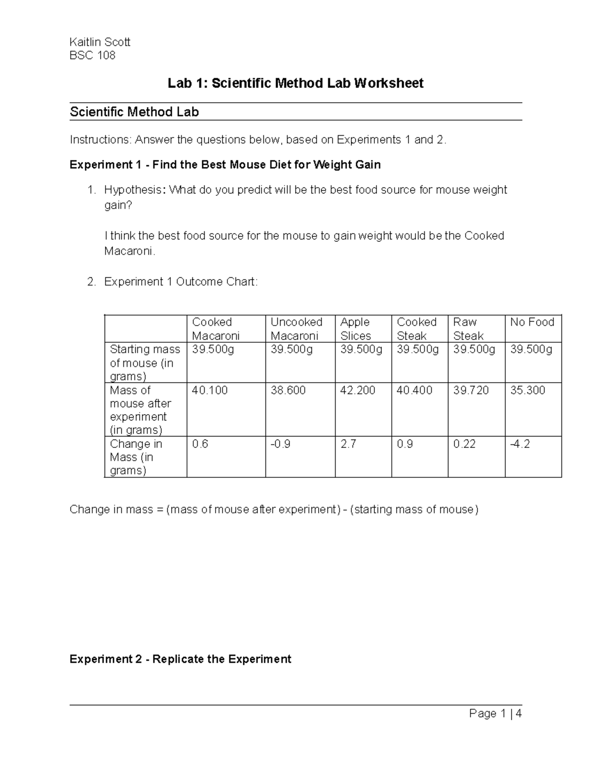 BSC 108 Lab 1: Scientific Method Experiment Worksheet and Analysis ...